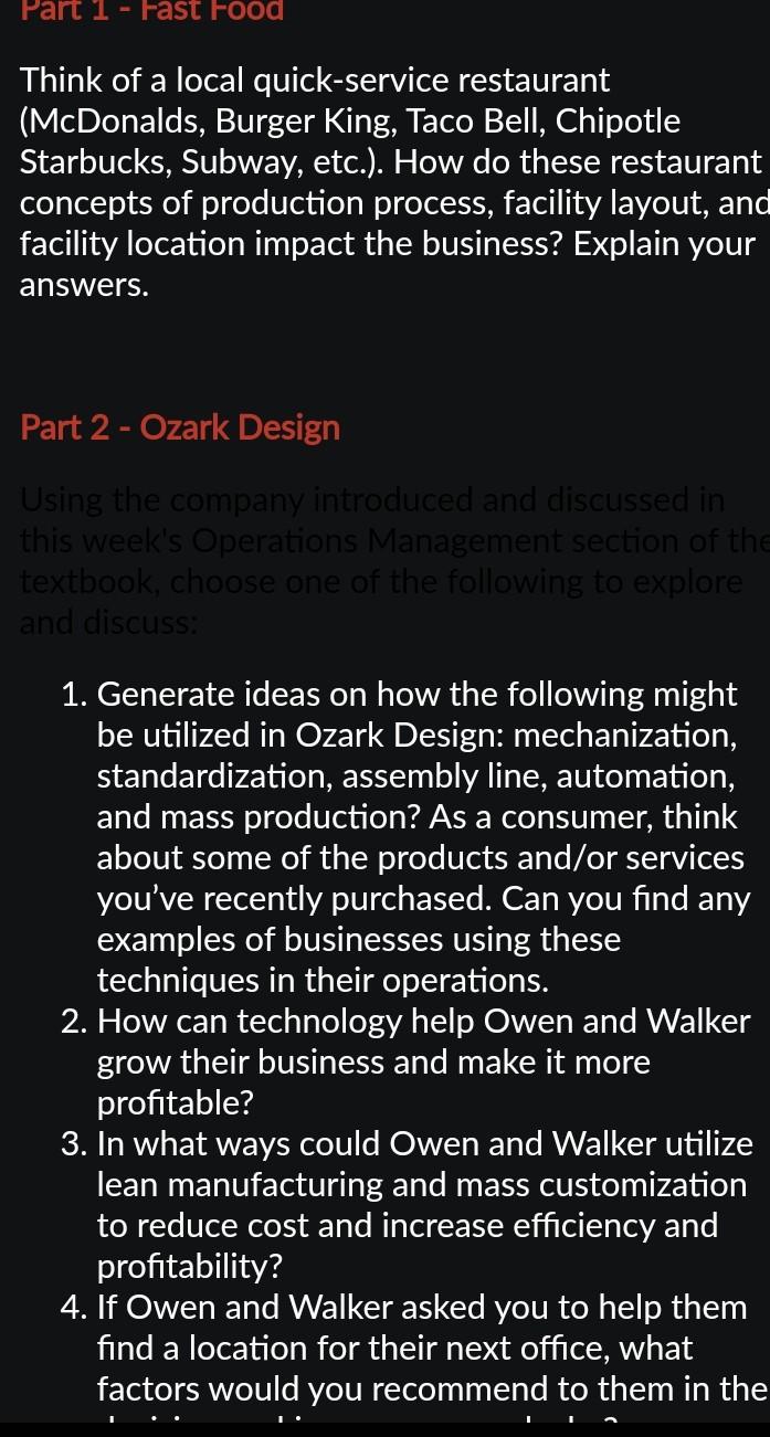 Solved Part 1 - Fast rood Think of a local quick-service | Chegg.com