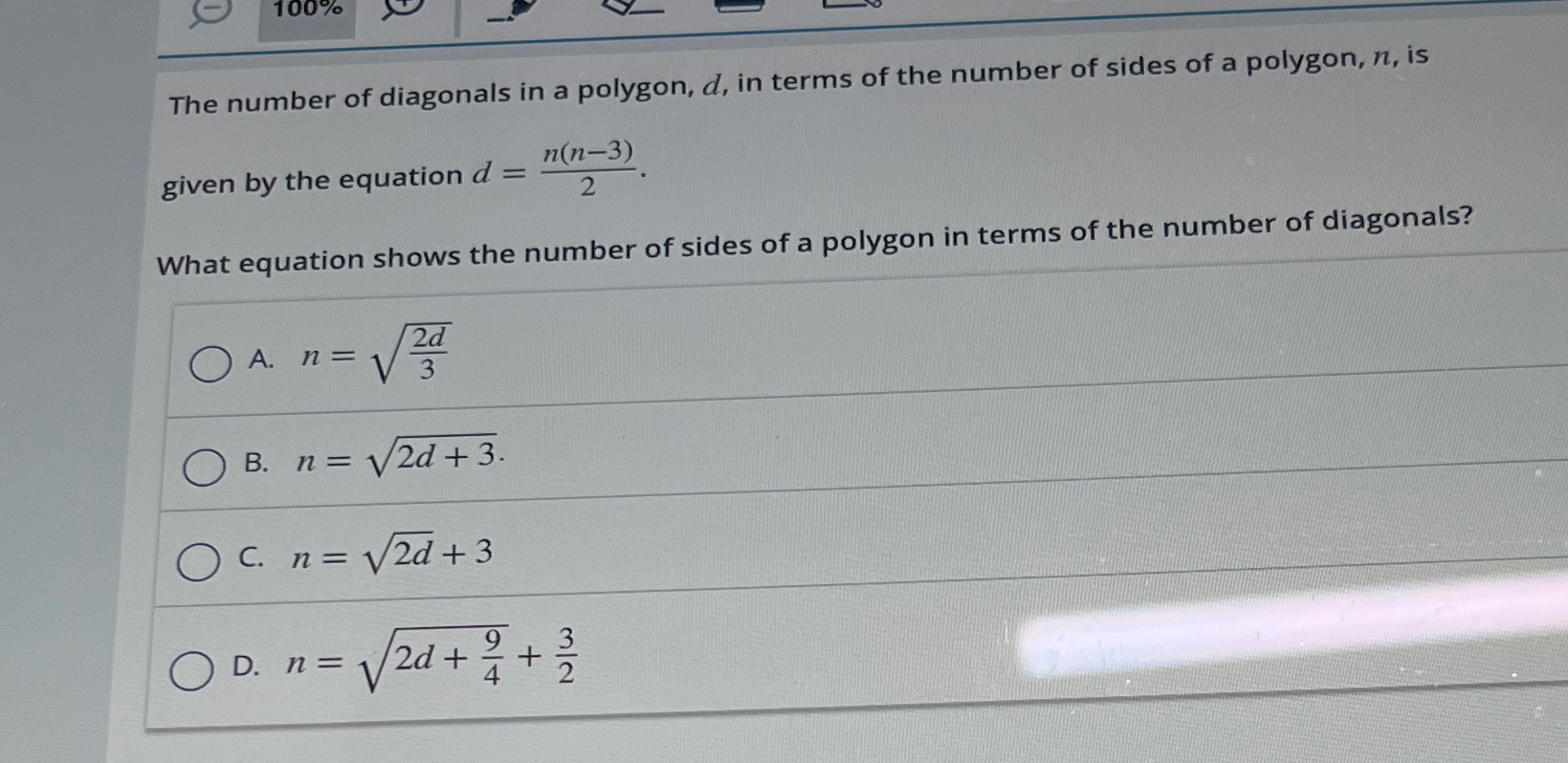 Solved The number of diagonals in a polygon, d, ﻿in terms of | Chegg.com