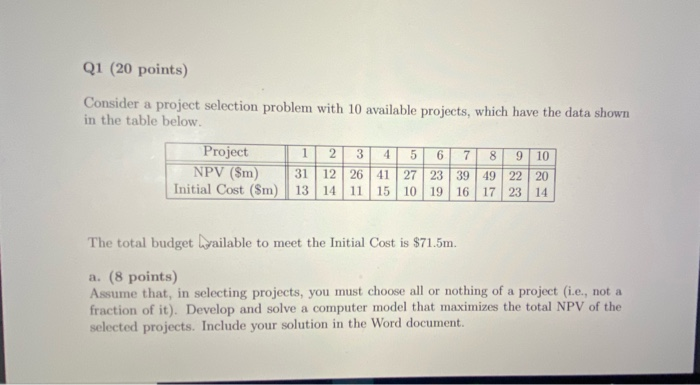 Solved Q1 (20 points) Consider a project selection problem | Chegg.com