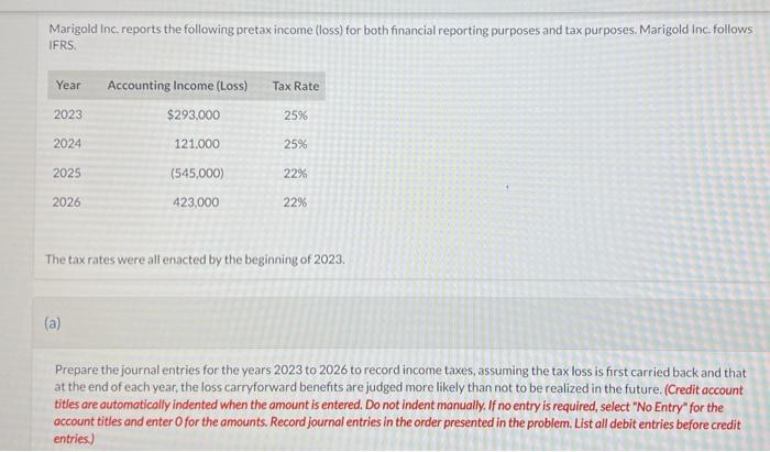Solved Marigold inc, reports the following pretax income | Chegg.com
