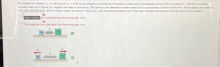 Solved Two objects of masses m1=0.46 kg and m2=0.92 kg are | Chegg.com