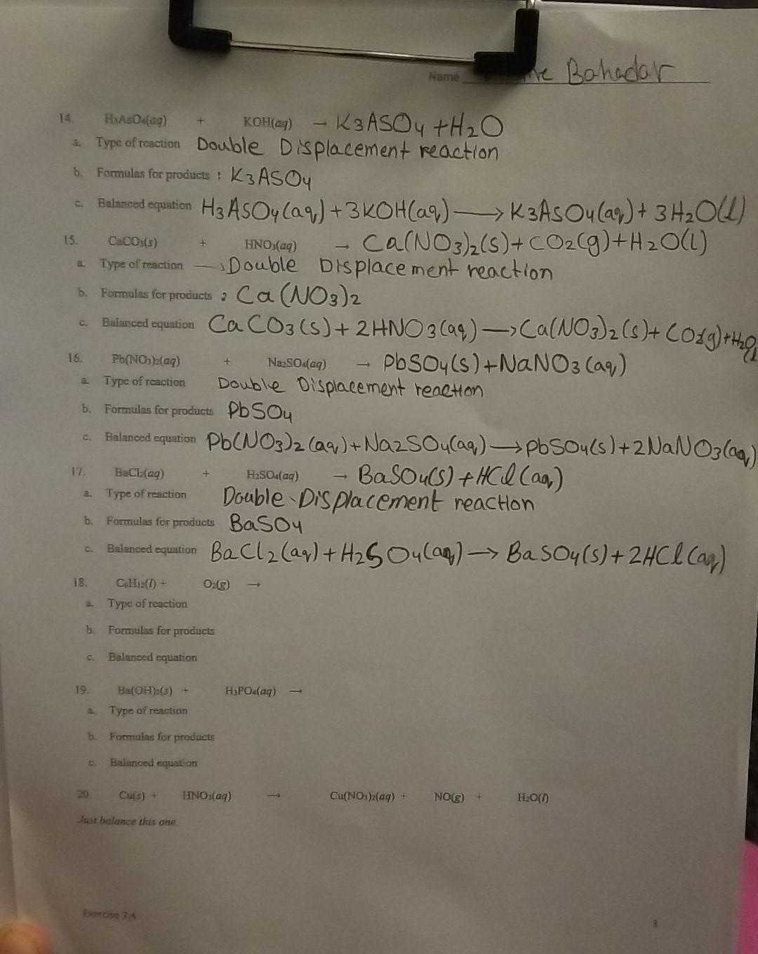 Solved X7.4 - Predicting Reaction Products Name Directions: | Chegg.com