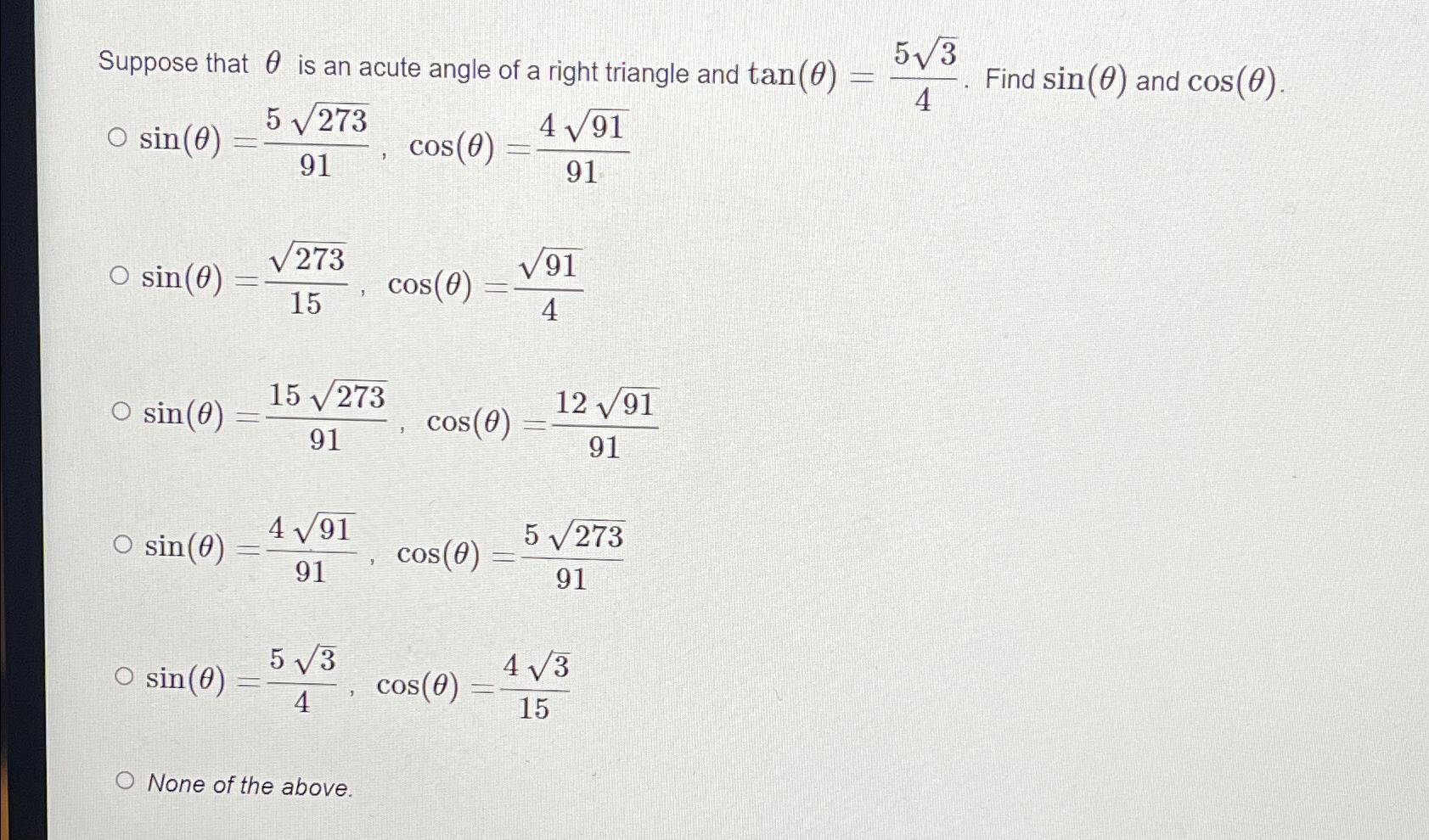 Solved Suppose that θ ﻿is an acute angle of a right triangle | Chegg.com
