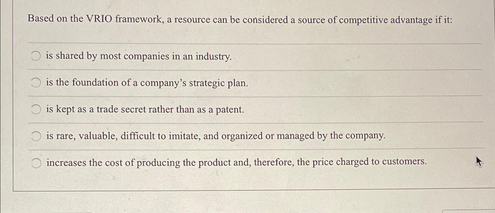 Solved Based on the VRIO framework, a resource can be | Chegg.com