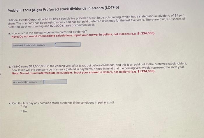 Solved Problem 17-18 (Algo) Preferred stock dividends in | Chegg.com