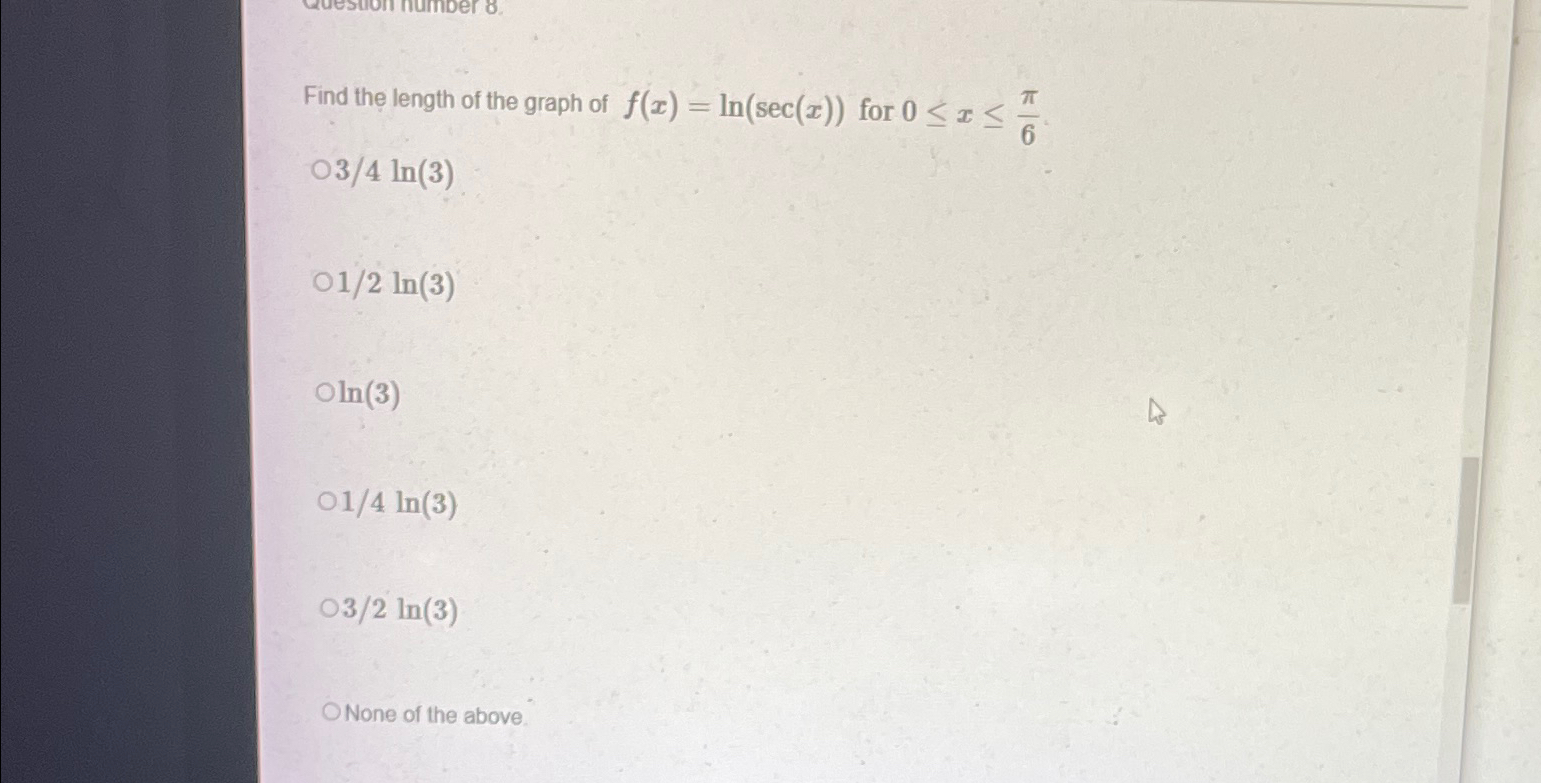 Solved Find the length of the graph of f(x)=ln(sec(x)) ﻿for | Chegg.com