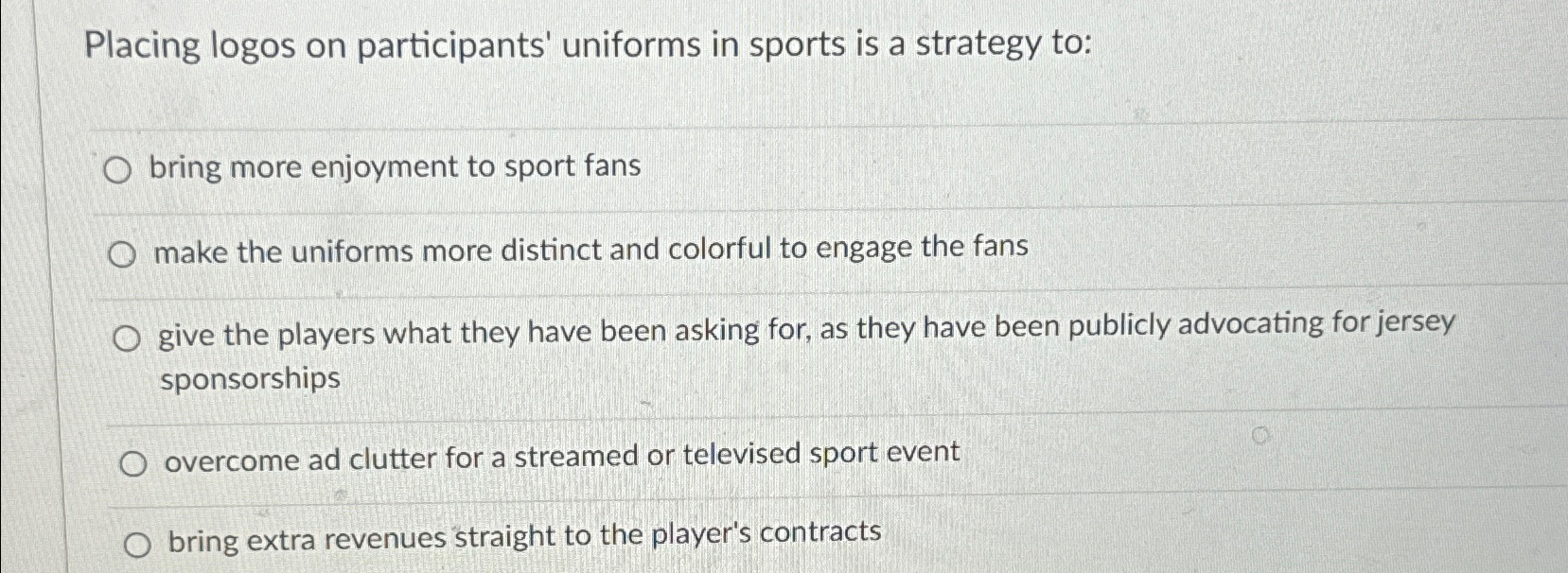 Solved Placing logos on participants' uniforms in sports is | Chegg.com