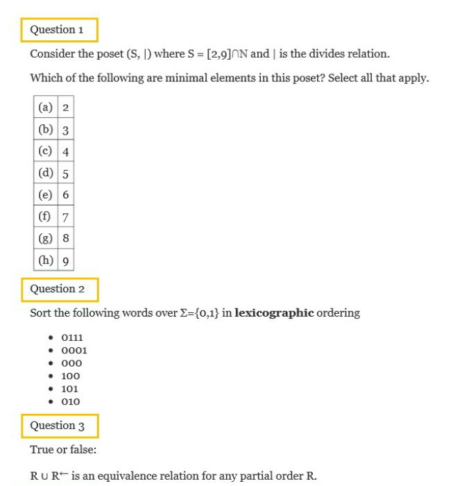 Solved Question 1 Consider the poset (s, 1) where S = | Chegg.com