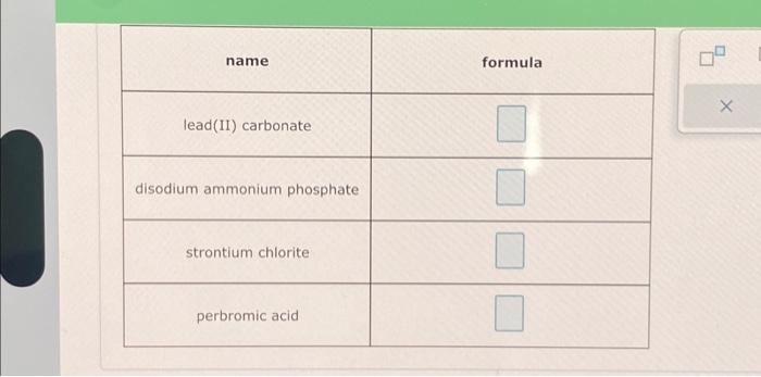 Solved \begin{tabular}{|c|c|} \hline name & formula \\ | Chegg.com