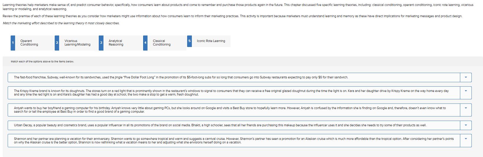 Solved learning or modeling. and analytical reasoning. Match | Chegg.com