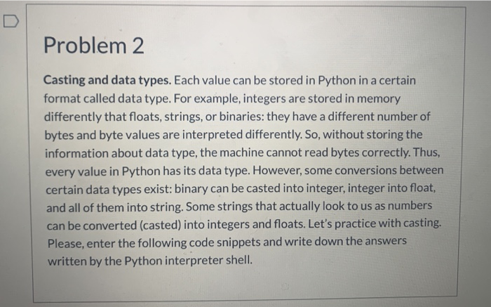 Solved Problem 2 Casting and data types. Each value can be | Chegg.com