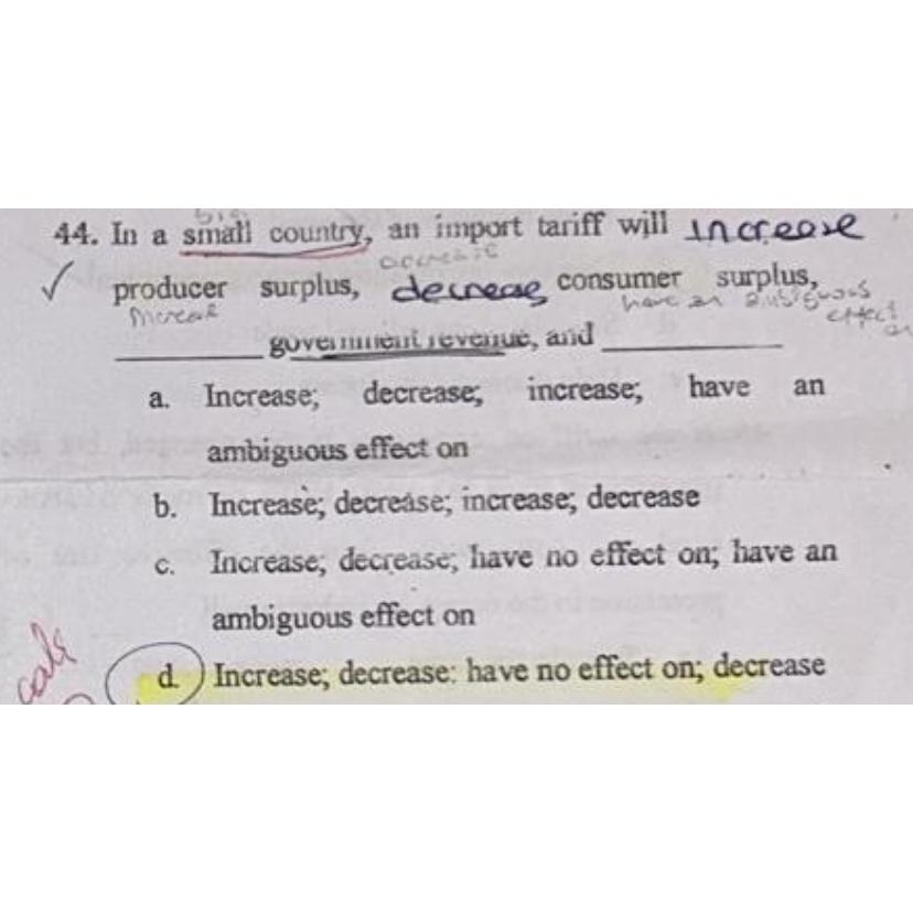 Solved In a small country, an import tariff will increase | Chegg.com