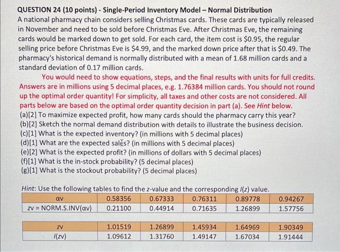 Solved QUESTION 24 (10 points) - Single-Period Inventory | Chegg.com