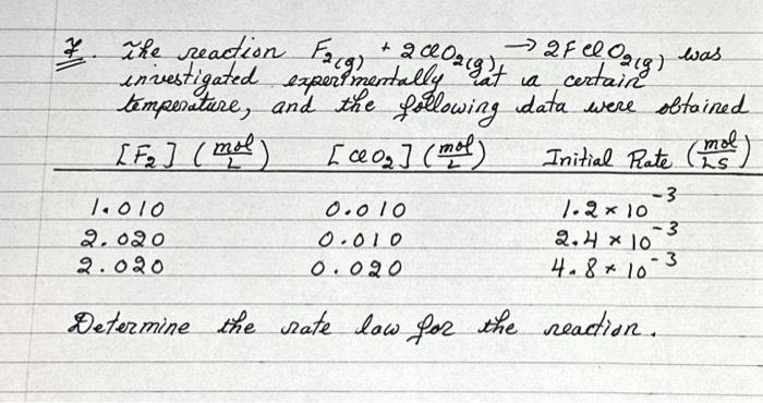 Solved 7. The reaction F2( g)+2ClO2( g)→2FelO2( g) was | Chegg.com