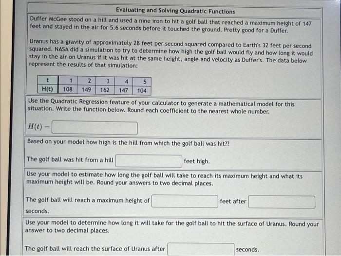 Solved Evaluating and Solving Quadratic Functions Duffer | Chegg.com
