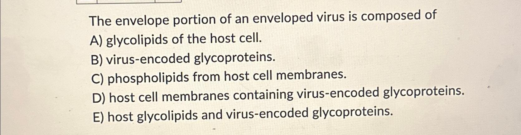 Solved The envelope portion of an enveloped virus is | Chegg.com