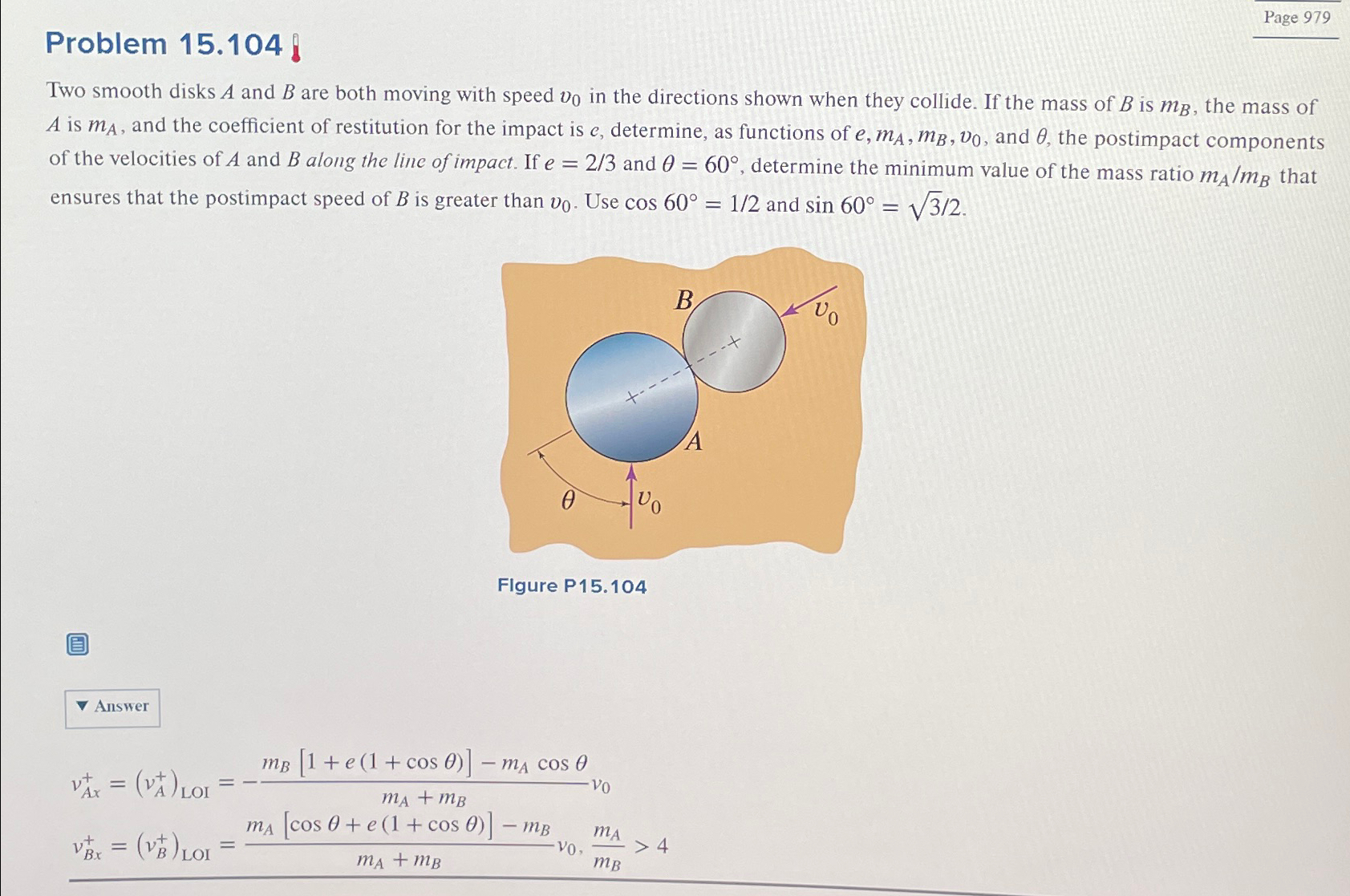 Solved Problem 15.104 ﻿dPage 979Two smooth disks A and B | Chegg.com