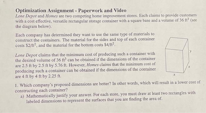 Solved Optimization Assignment Paperwork And Video Lone 