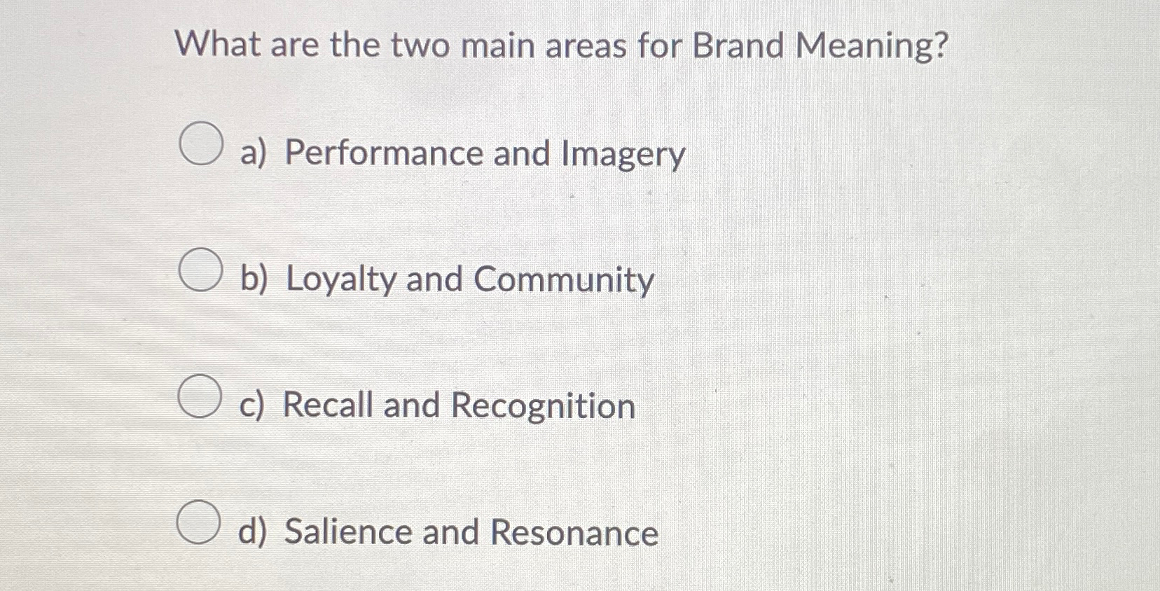 Solved What are the two main areas for Brand Meaning?a) | Chegg.com