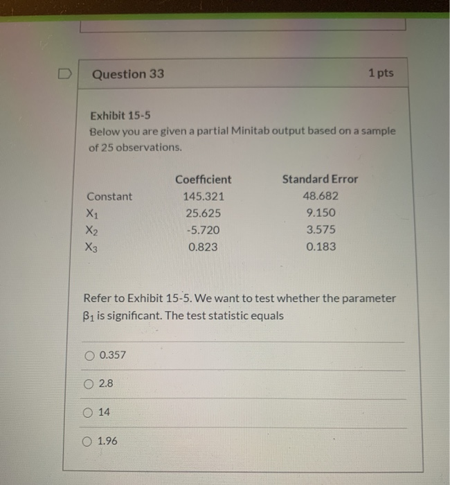 Solved Question 33 1 pts Exhibit 15-5 Below you are given a | Chegg.com