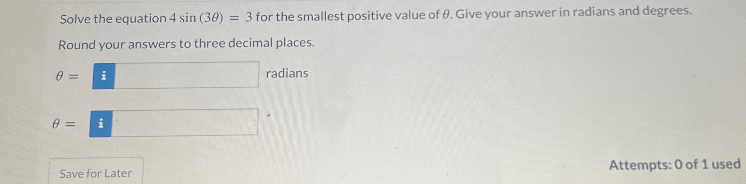 Solved Solve the equation 4sin(3θ)=3 ﻿for the smallest | Chegg.com