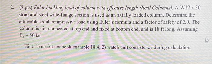 Solved 2. (8 pts) Euler buckling load of column with | Chegg.com