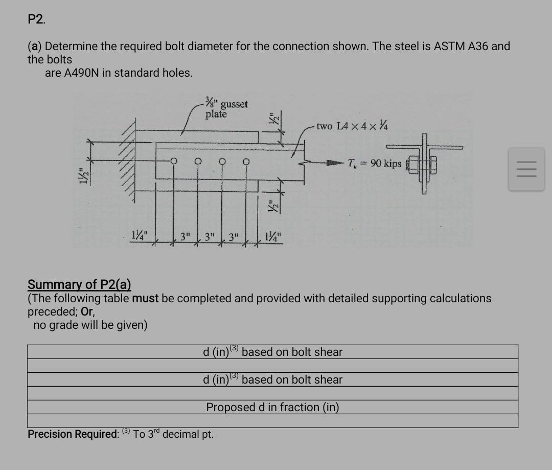 Solved P2. (a) Determine the required bolt diameter for the | Chegg.com