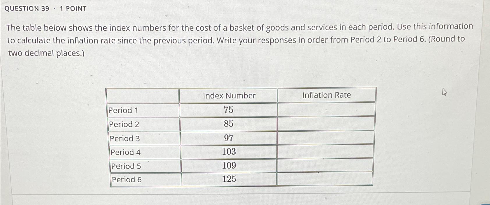 Solved QUESTION 39 - 1 ﻿POINTThe table below shows the index | Chegg.com