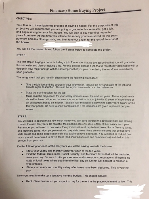 Finances/Home Buying Project OBJECTIVES: Your task is | Chegg.com