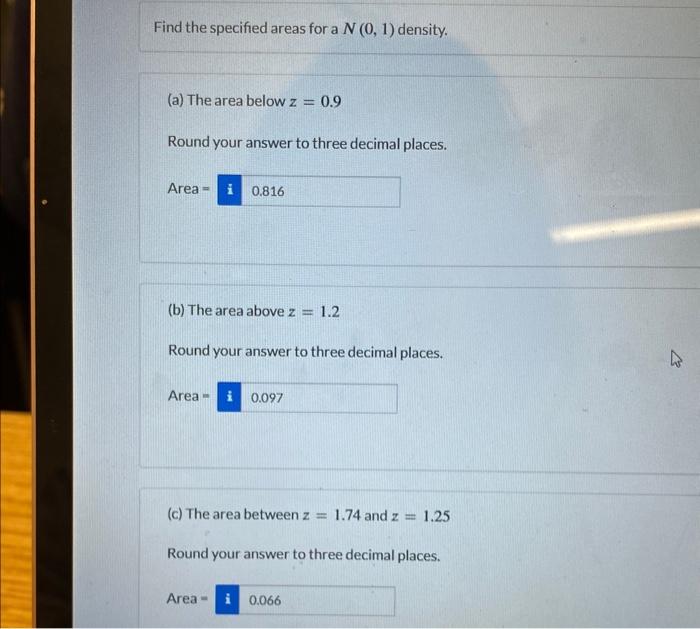 Solved Find the specified areas for a N(0,1) density. (a) | Chegg.com