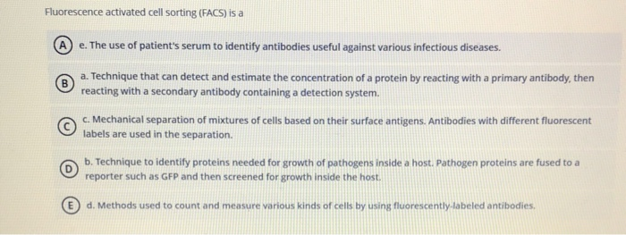 Solved Fluorescence activated cell sorting (FACS) is a A e. | Chegg.com