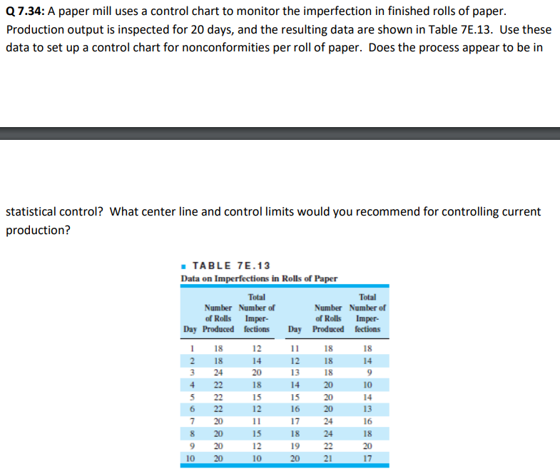 Solved Q 7.34: A paper mill uses a control chart to monitor | Chegg.com