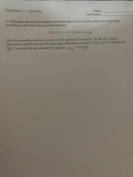 Solved Experiment 11 - Gas Laws Name Lab Section 4) Hydrogen | Chegg.com