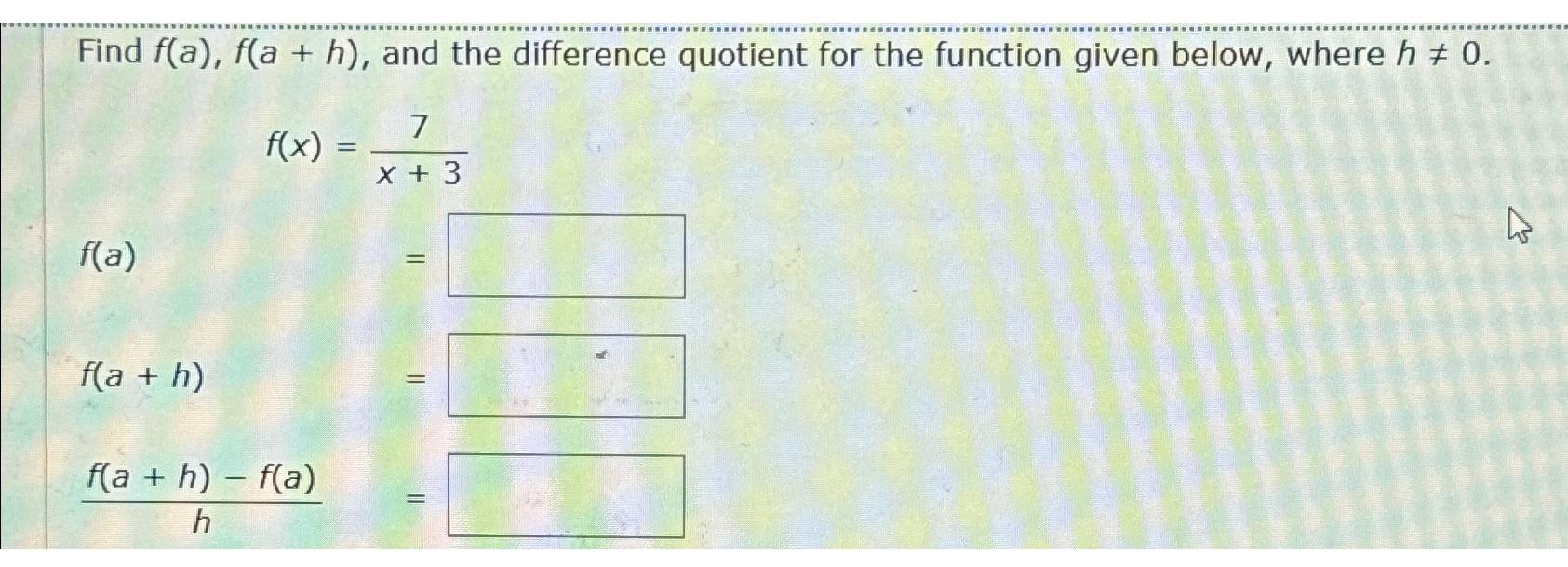 Solved Find f(a),f(a+h), ﻿and the difference quotient for | Chegg.com