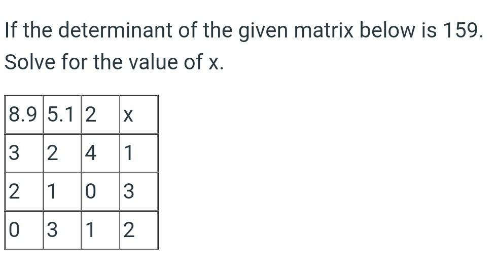 Solved If the determinant of the given matrix below is 159. | Chegg.com