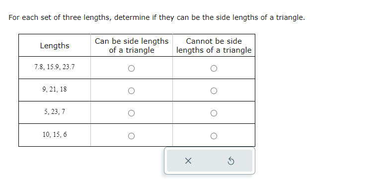 Solved For each set of three lengths, determine if they can | Chegg.com