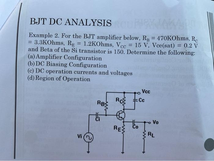 Solved BJT DC ANALYSIS Example 2. For the BJT amplifier | Chegg.com