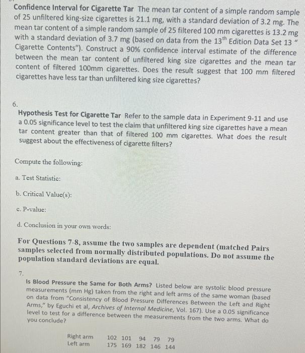 Solved Confidence Interval for Cigarette Tar The mean tar | Chegg.com