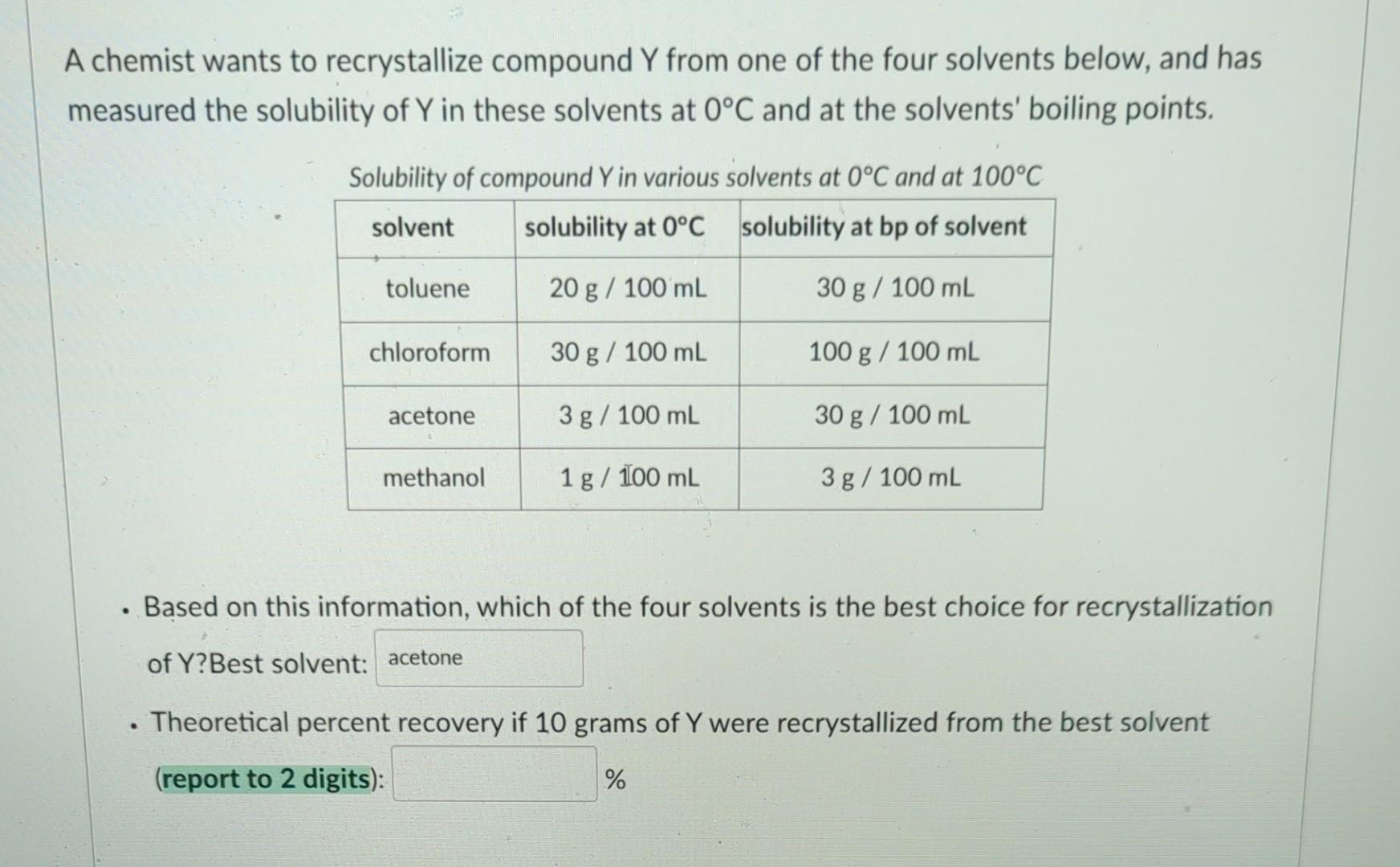Solved A chemist wants to recrystallize compound Y from one | Chegg.com Solved A chemist wants to recrystallize compound Y from one | Chegg.com