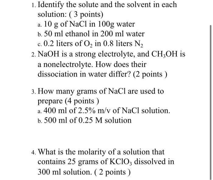Solved 1. Identify the solute and the solvent in each | Chegg.com
