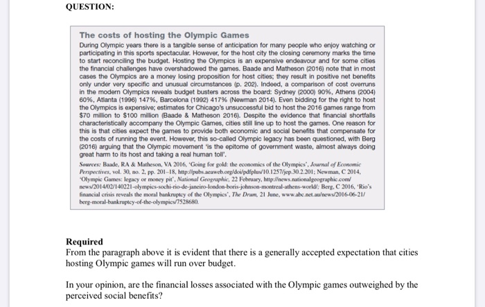QUESTION: The costs of hosting the Olympic Games | Chegg.com