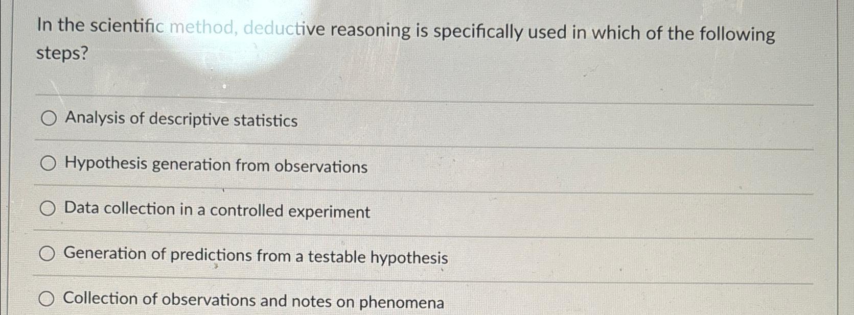 Solved In the scientific method, deductive reasoning is | Chegg.com