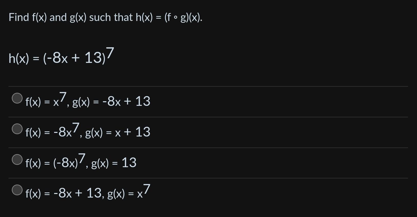 Solved Find f(x) and g(x) such that h(x)=(f∘g)(x). | Chegg.com