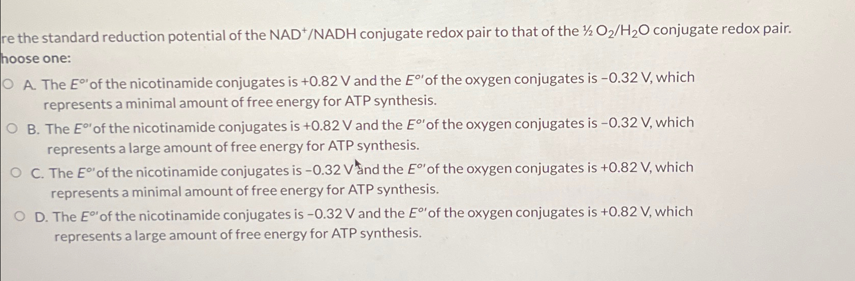 Solved re the standard reduction potential of the NAD+NADH | Chegg.com