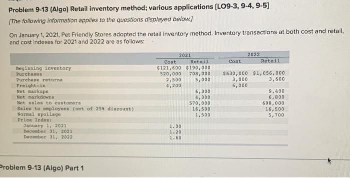 Problem 9-13 (Algo) Retail inventory method; various | Chegg.com