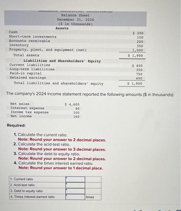 Solved The company's 2024 income statement reported the | Chegg.com