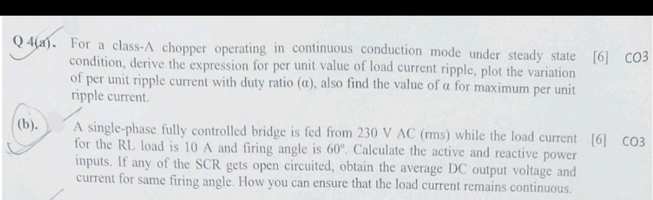 Solved Q 4(a). ﻿For a class-A chopper operating in | Chegg.com