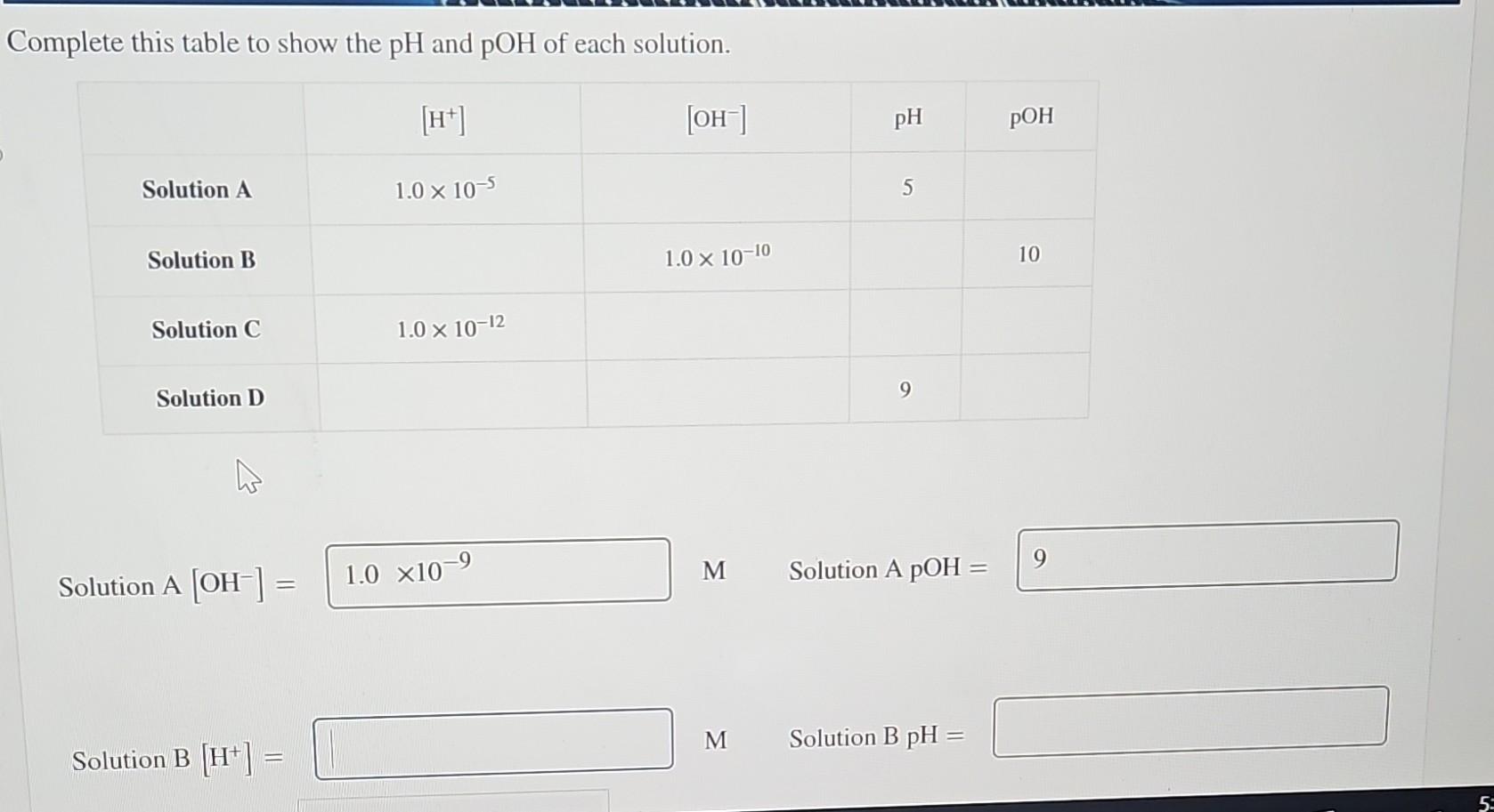 Solved Complete this table to show the pH and pOH of each | Chegg.com