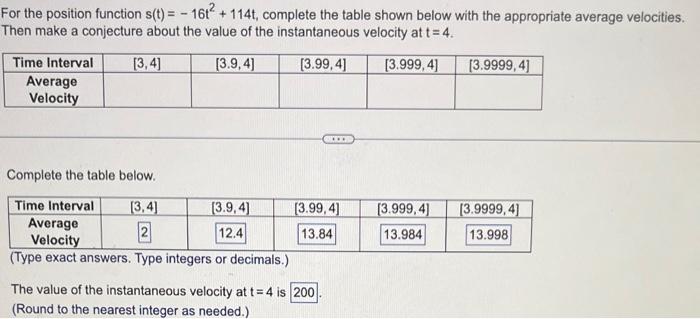 Solved For the position function s(t)=−16t2+114t, complete | Chegg.com