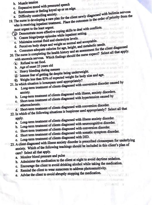 Solved b. Muscle tension c. Expansive mood with pressured | Chegg.com